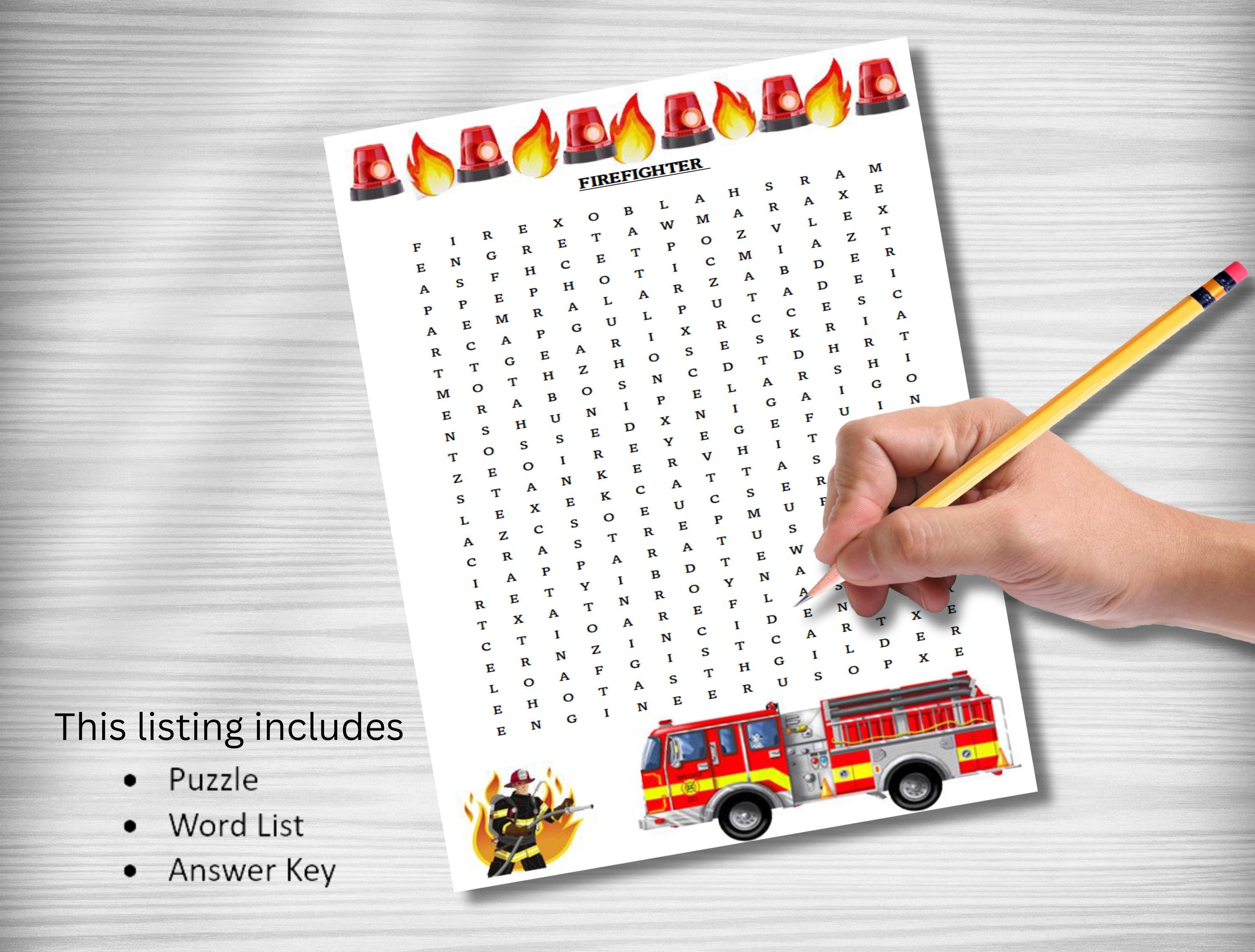 Firefighter Word Search Puzzle: Fire Truck & Helmet Theme (PDF ...
