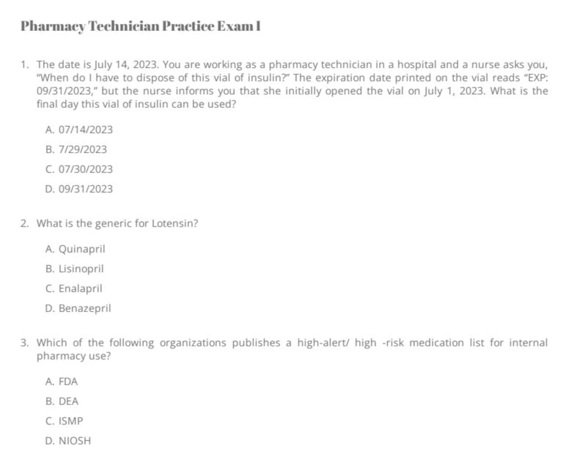 Pharmacy Technician Practice Exam I 120 Questions Mutiple Choice PTCE ...