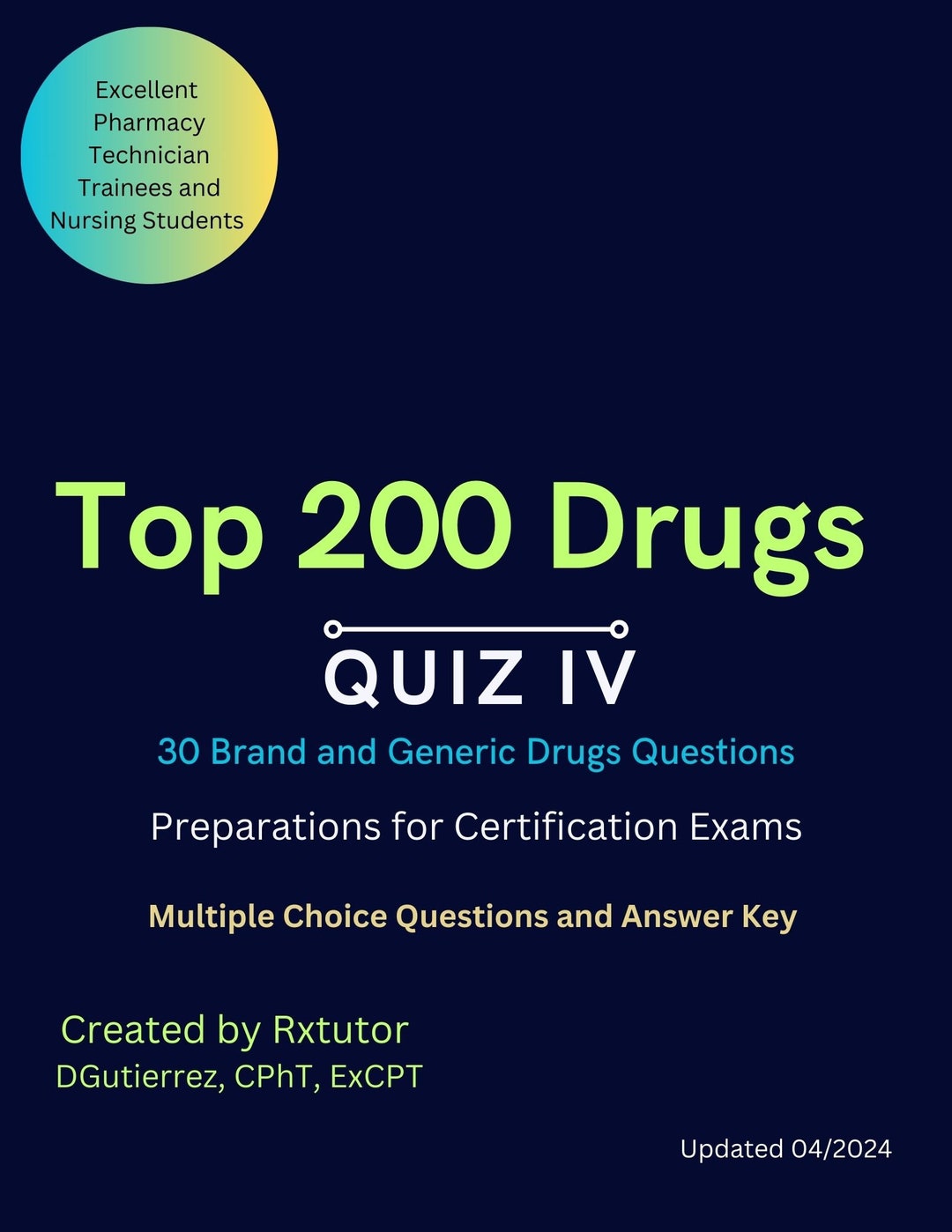 Quiz IV Top 200 Worksheet Digital Download, PTCB Exam, Excpt, PTCE ...