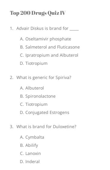 Quiz IV Top 200 Worksheet Digital Download, PTCB Exam, Excpt, Nursing ...