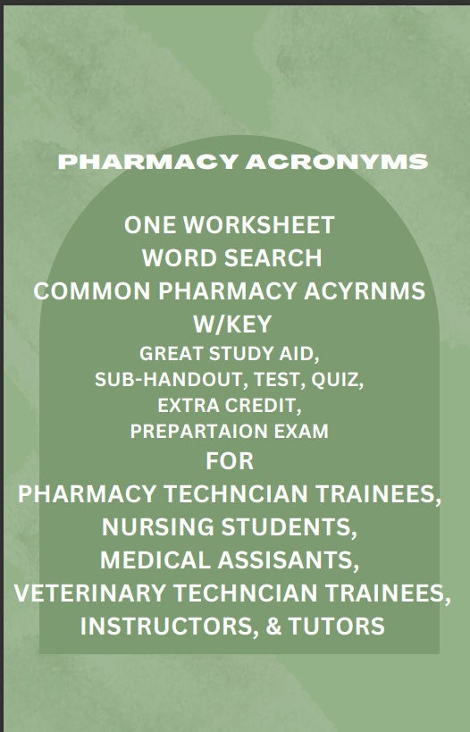 Pharmacy Acronyms Word Search Worksheet W/key Pharmacy Technician ...