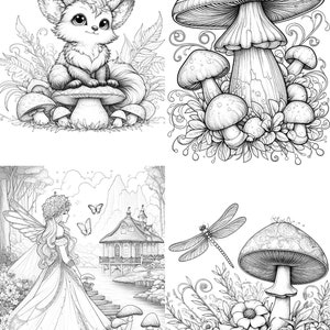 Lineart Coloring Book - Magical Mushrooms: Elves, Fairies, Dragons and ...