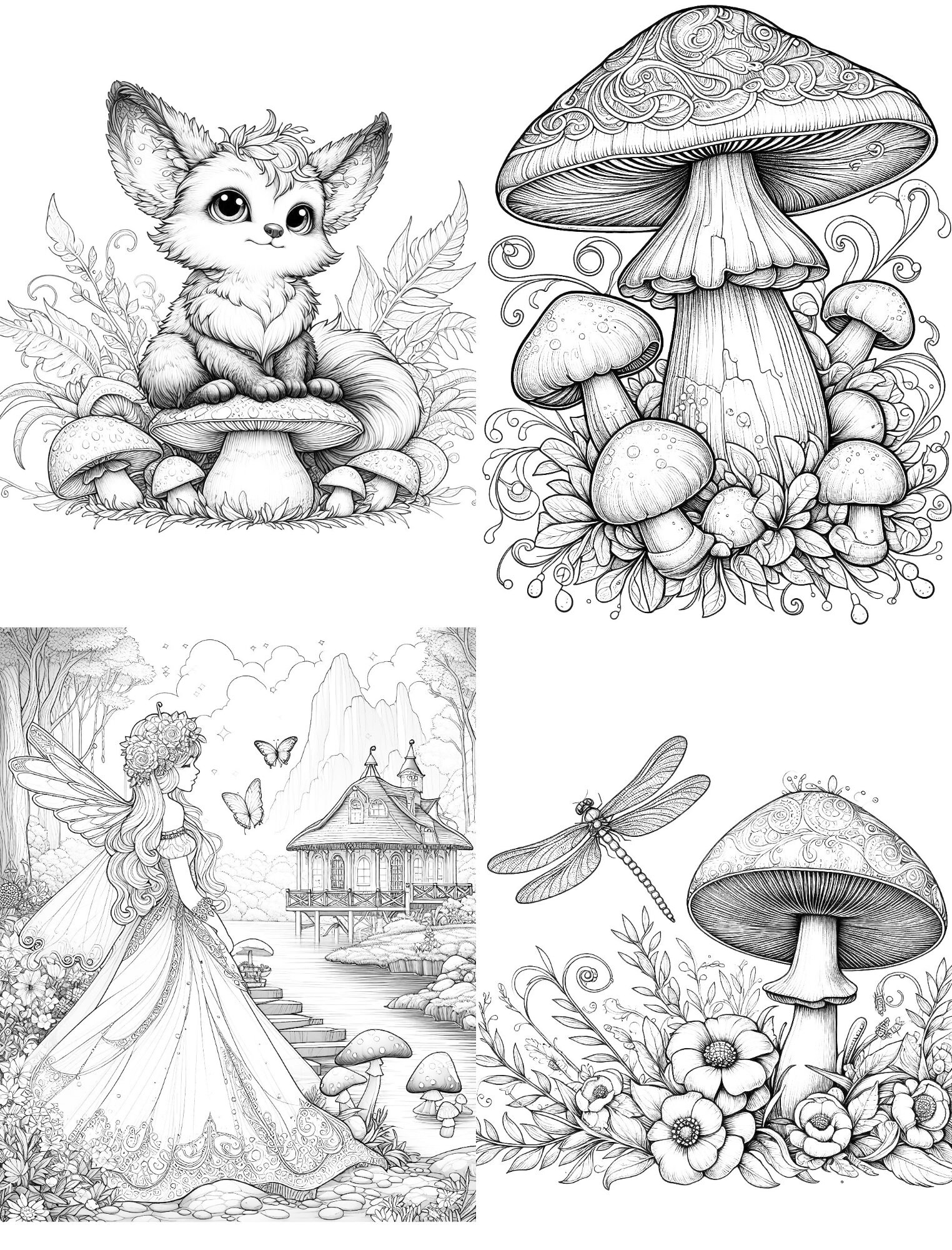 Lineart Coloring Book Magical Mushrooms: Elves, Fairies, Dragons and ...