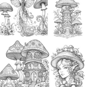 Lineart Coloring Book - Magical Mushrooms: Elves, Fairies, Dragons and ...