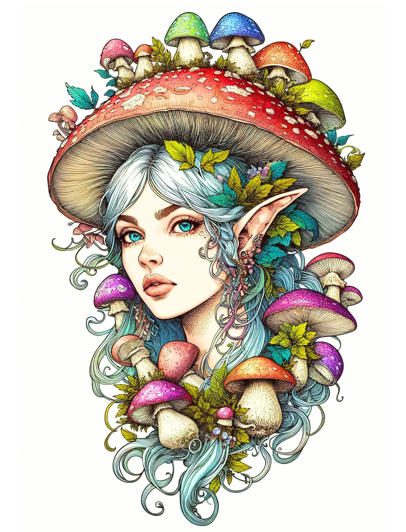 Lineart Coloring Book Magical Mushrooms: Elves, Fairies, Dragons and ...
