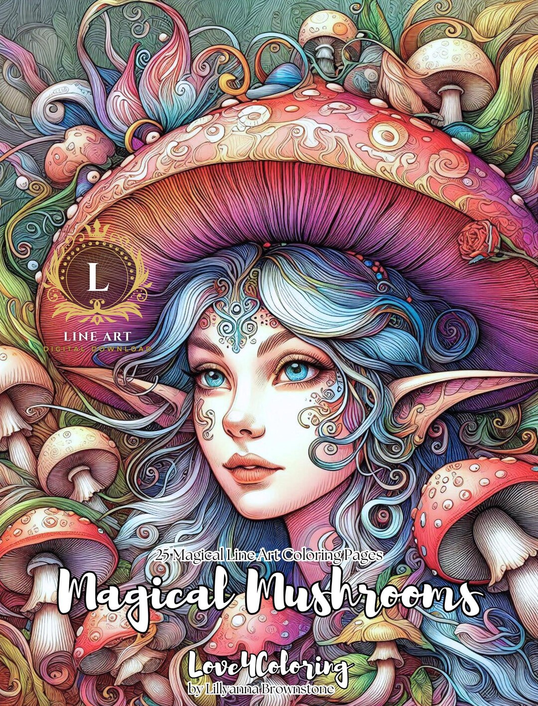 Lineart Coloring Book - Magical Mushrooms: Elves, Fairies, Dragons and ...