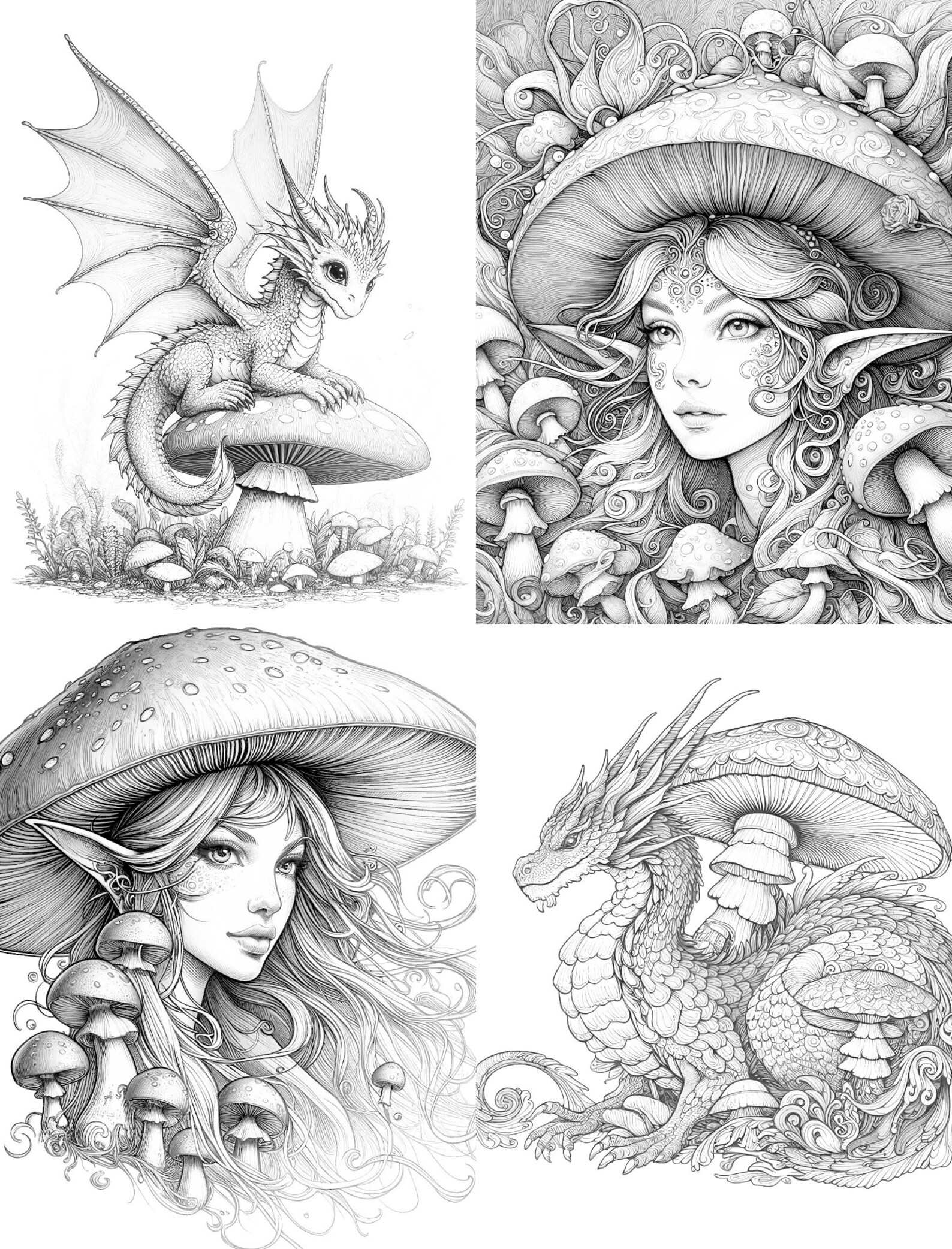 Lineart Coloring Book - Magical Mushrooms: Elves, Fairies, Dragons and ...