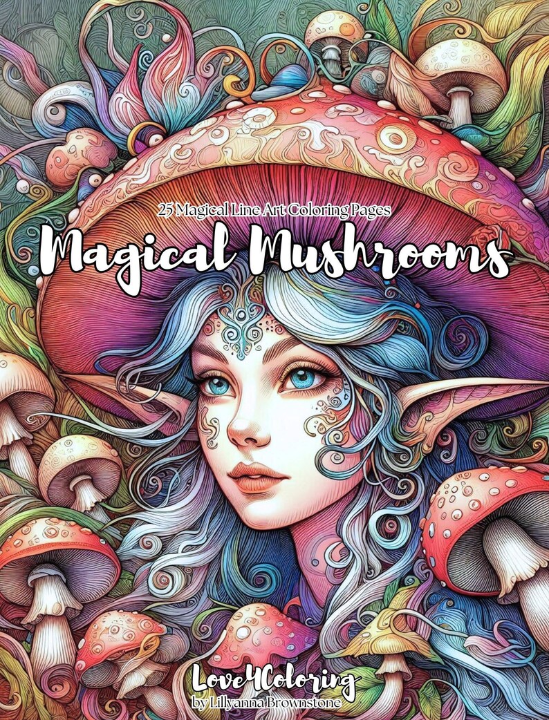 Lineart Coloring Book Magical Mushrooms: Elves, Fairies, Dragons and ...