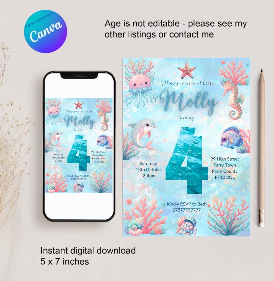 Under the Sea Editable 4th Birthday Party Digital Invitation - Etsy