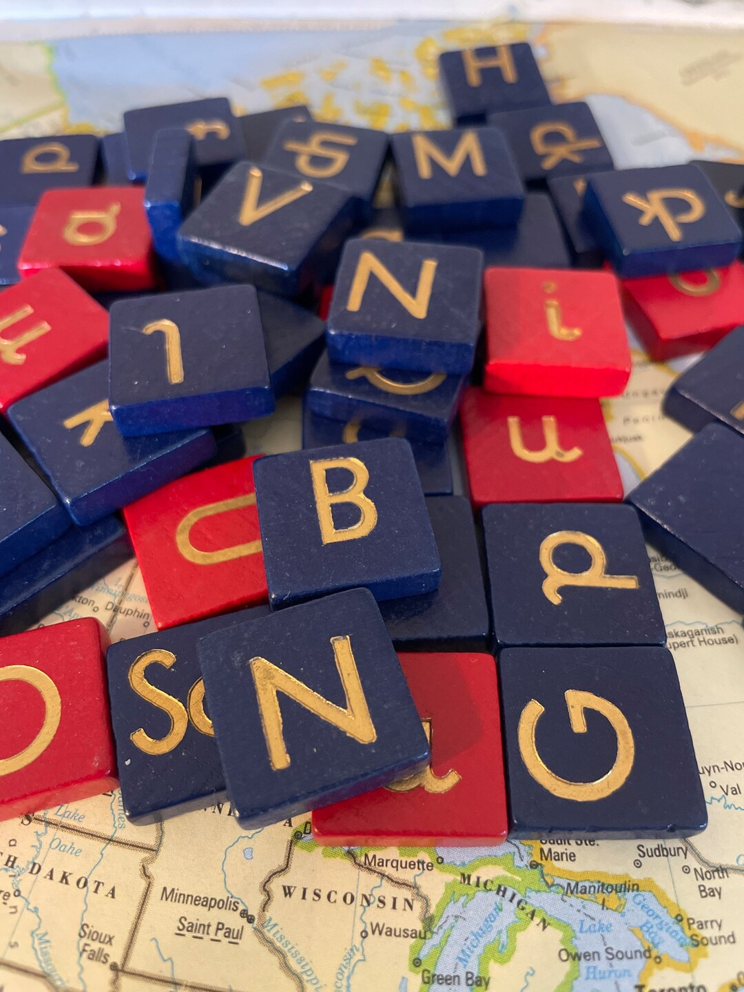 Vintage Red and Blue Wood Game Tiles, Upper and Lower Case ...