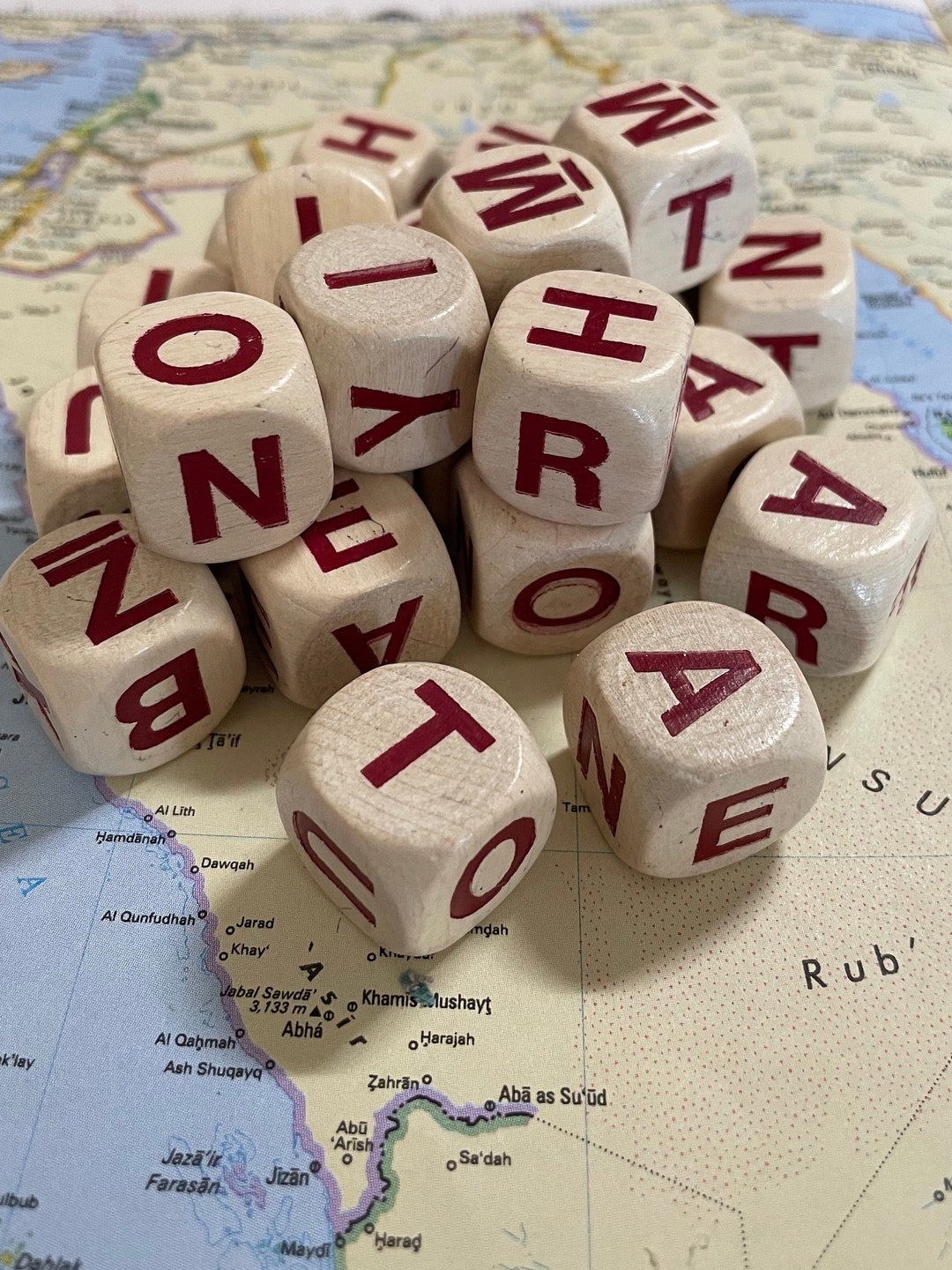 Vintage Game Pieces- Ivory Wood Cubes With Burgundy Letters- Set of 12 ...
