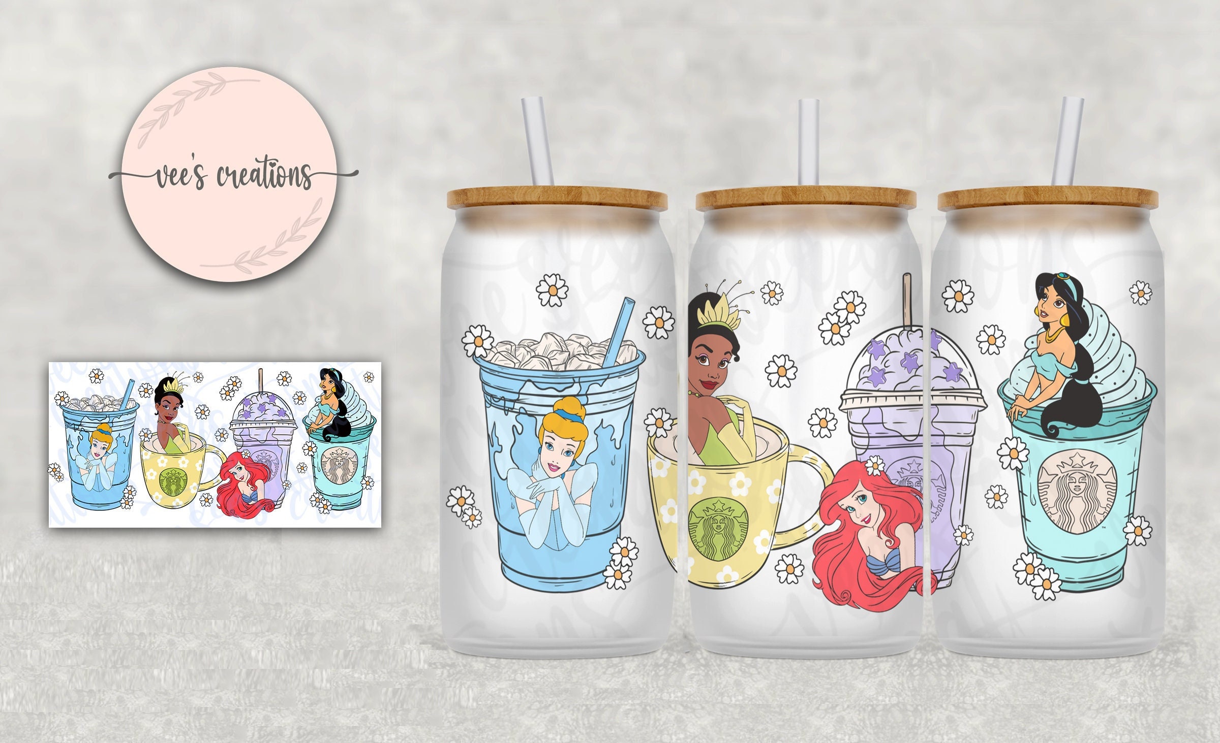 Princess Starbucks Libbey Glass Wrap, 16 Oz and 20oz Glass Can Wrap PNG ...