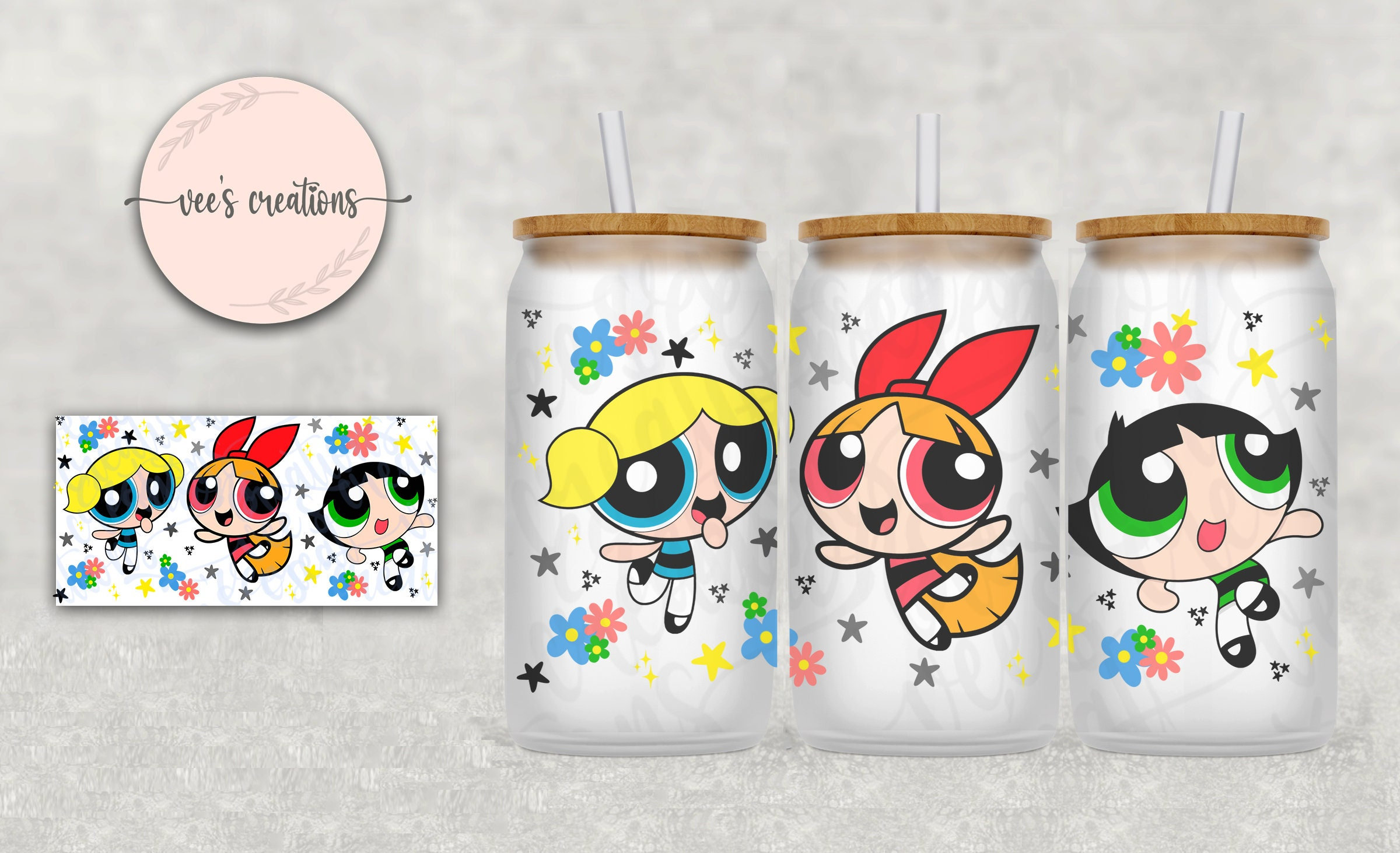 Power Puff Girls Libbey Glass Wrap, 16 Oz and 20oz Glass Can Wrap PNG ...