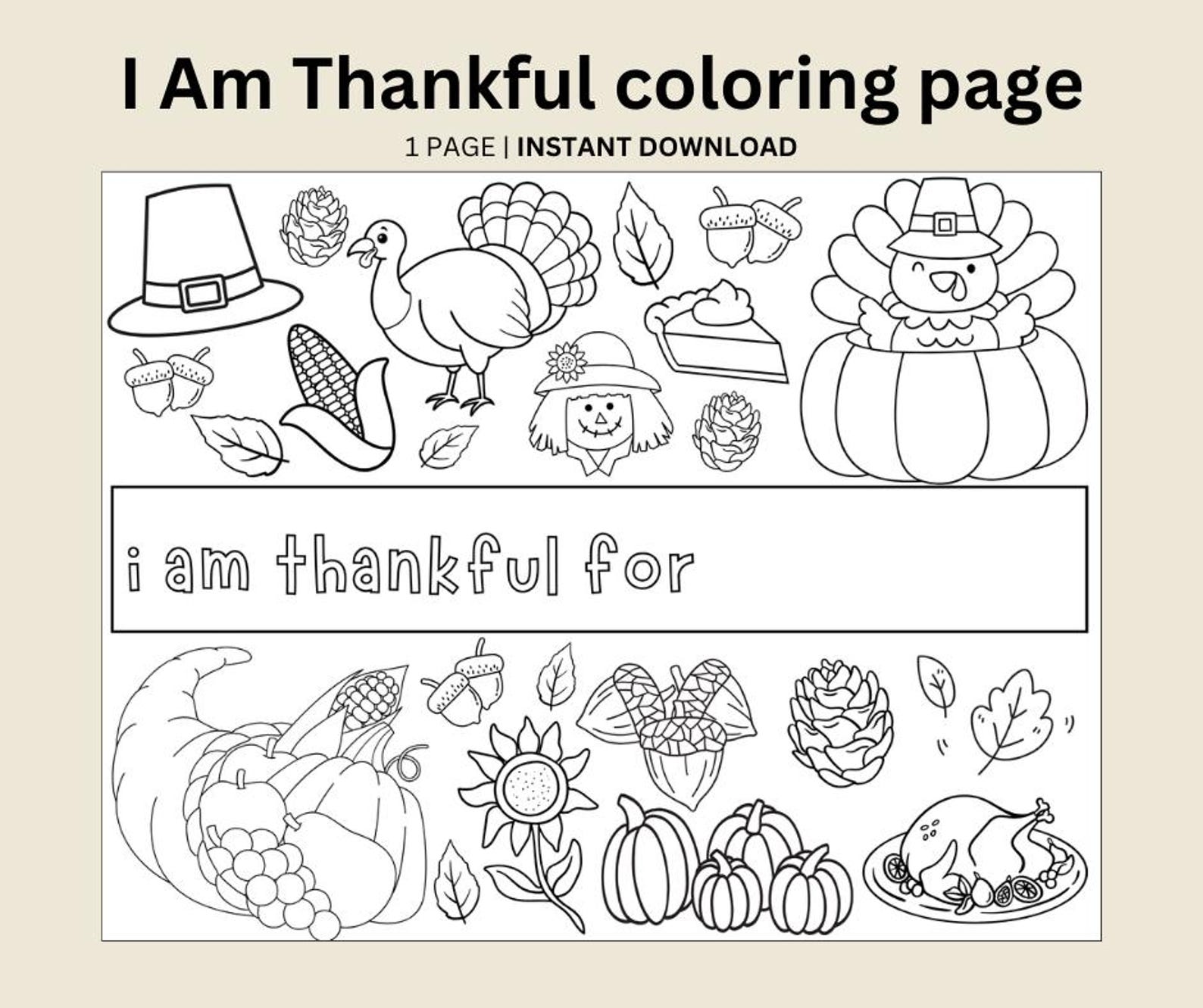 I Am Thankful for Coloring Page for Thanksgiving Placement or Fall Kids ...