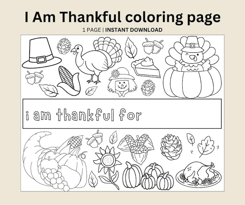 I Am Thankful for Coloring Page for Thanksgiving Placement or Fall Kids ...