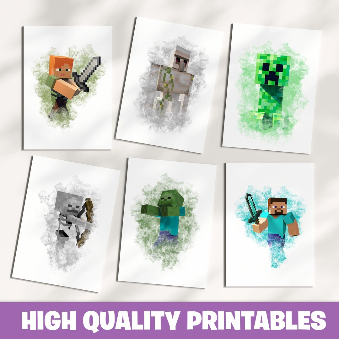 Poster Set Minecraft Wall Art, Nursery Decor, Creeper, Enderman, Zombie ...