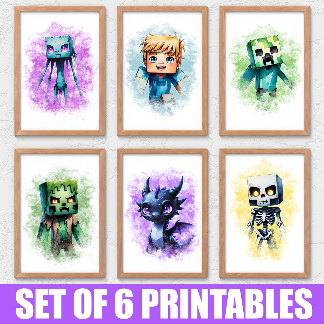 Minecraft-digital Art Prints, 6-piece Set, Water Color Style Wall Decor ...