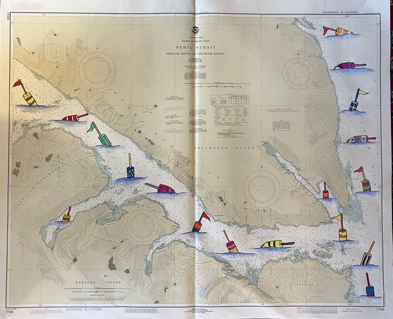Chart Art: Watercolor Painting of Buoys on an Old Nautical Chart of ...