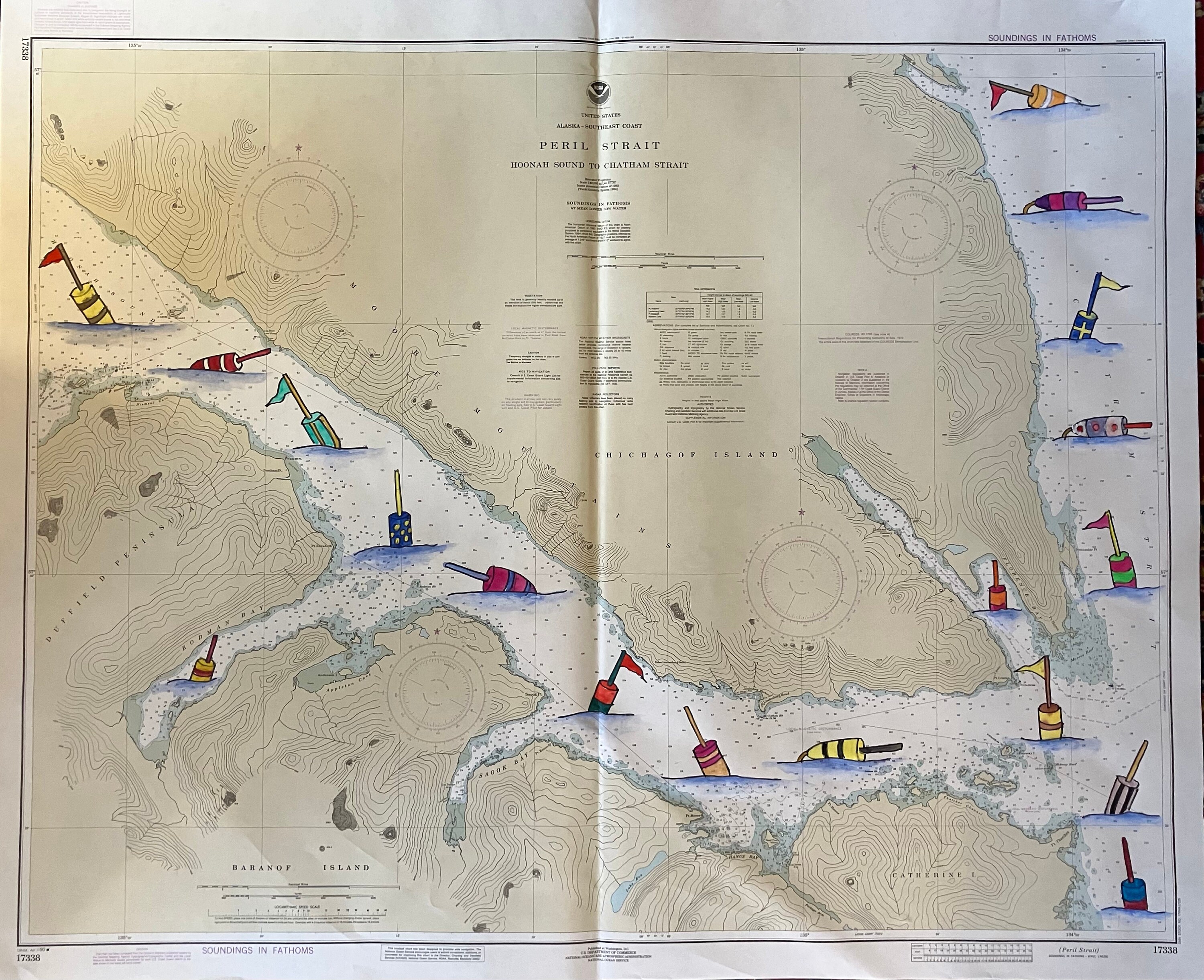 Chart Art: Watercolor Painting of Buoys on an Old Nautical Chart of ...