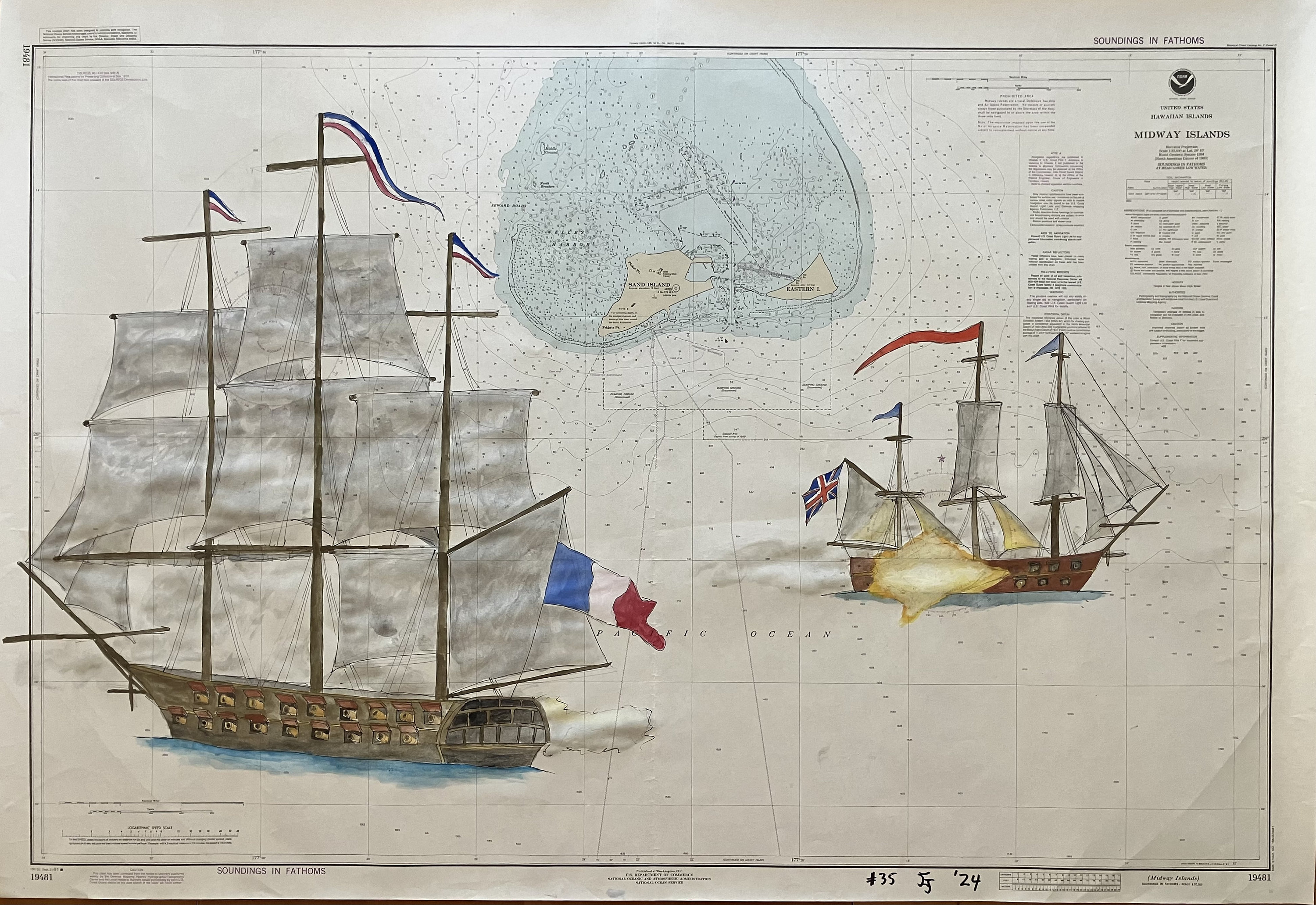Chart Art: Watercolor Painting of Sailing Ships Battling on an Old ...