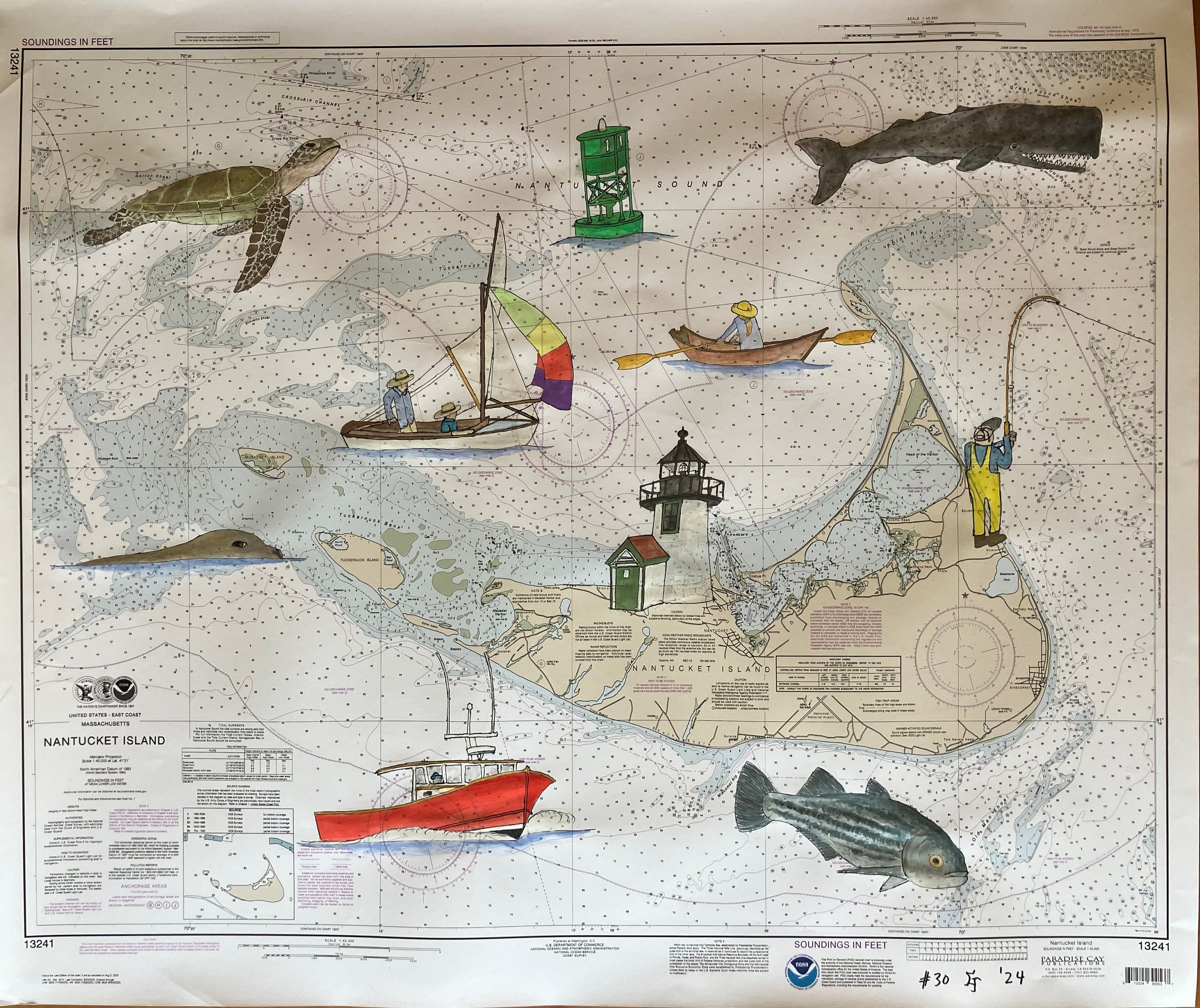 Chart Art: Painting of a Lobster Boat, Sailboat, Dory, Sea Turtle, Buoy ...