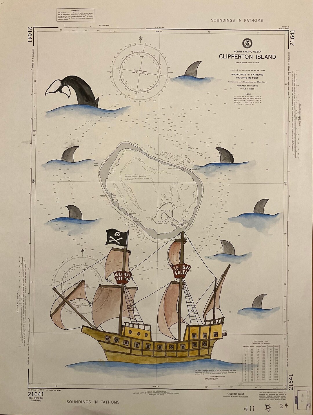 Chart Art: Painting of a Pirate Ship, Sharks, and a Whale on an Old Map ...