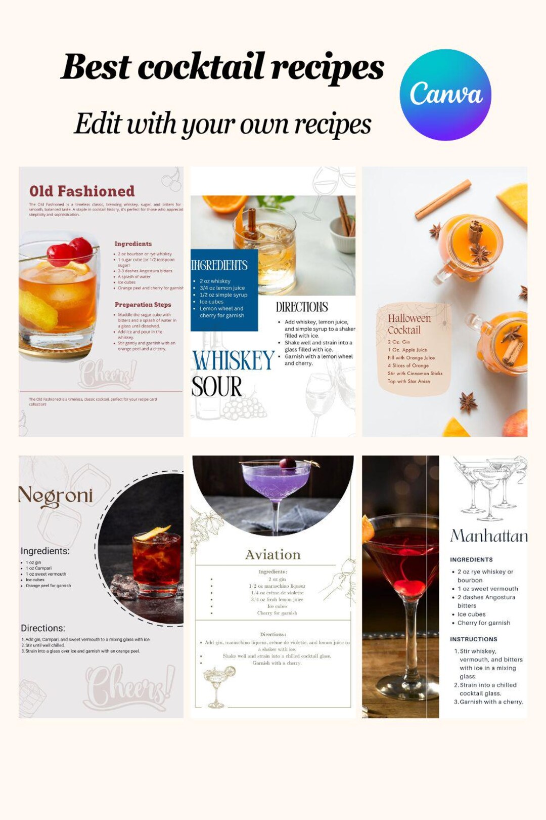Editable Canva Cocktail Recipe Cards Editable Printable Drink Cards for ...