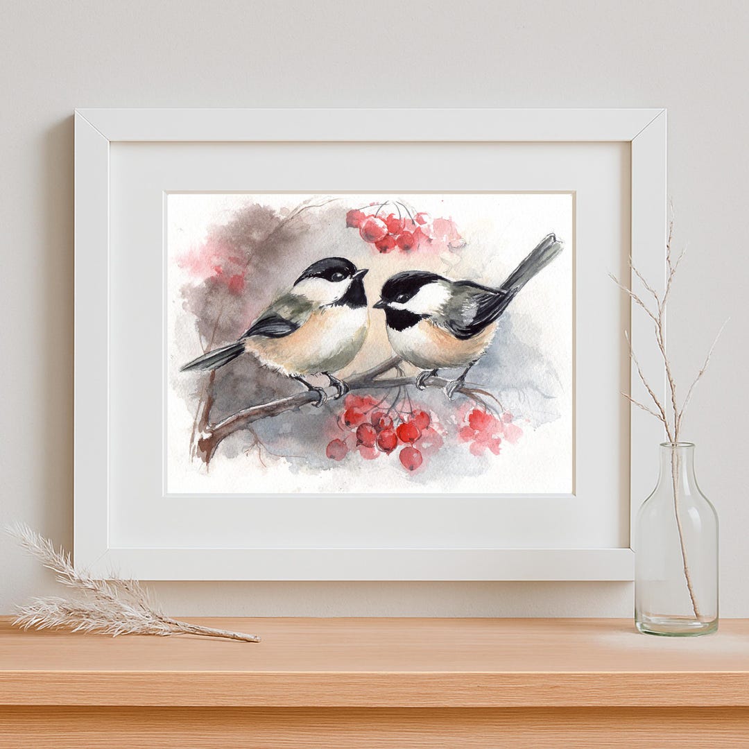 Two Chickadees Print - Winter Love Birds. Chickadee Couple - Watercolor ...