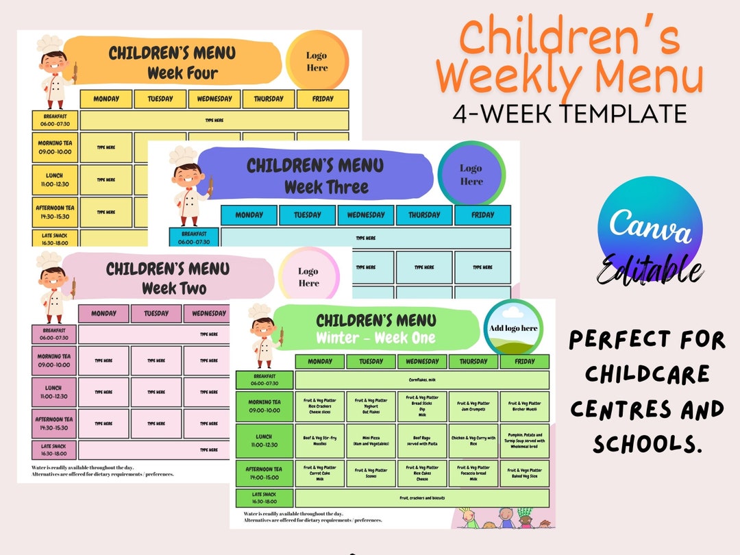 4-week Cyclical Menu for Children's Daycare Services 2 Editable ...