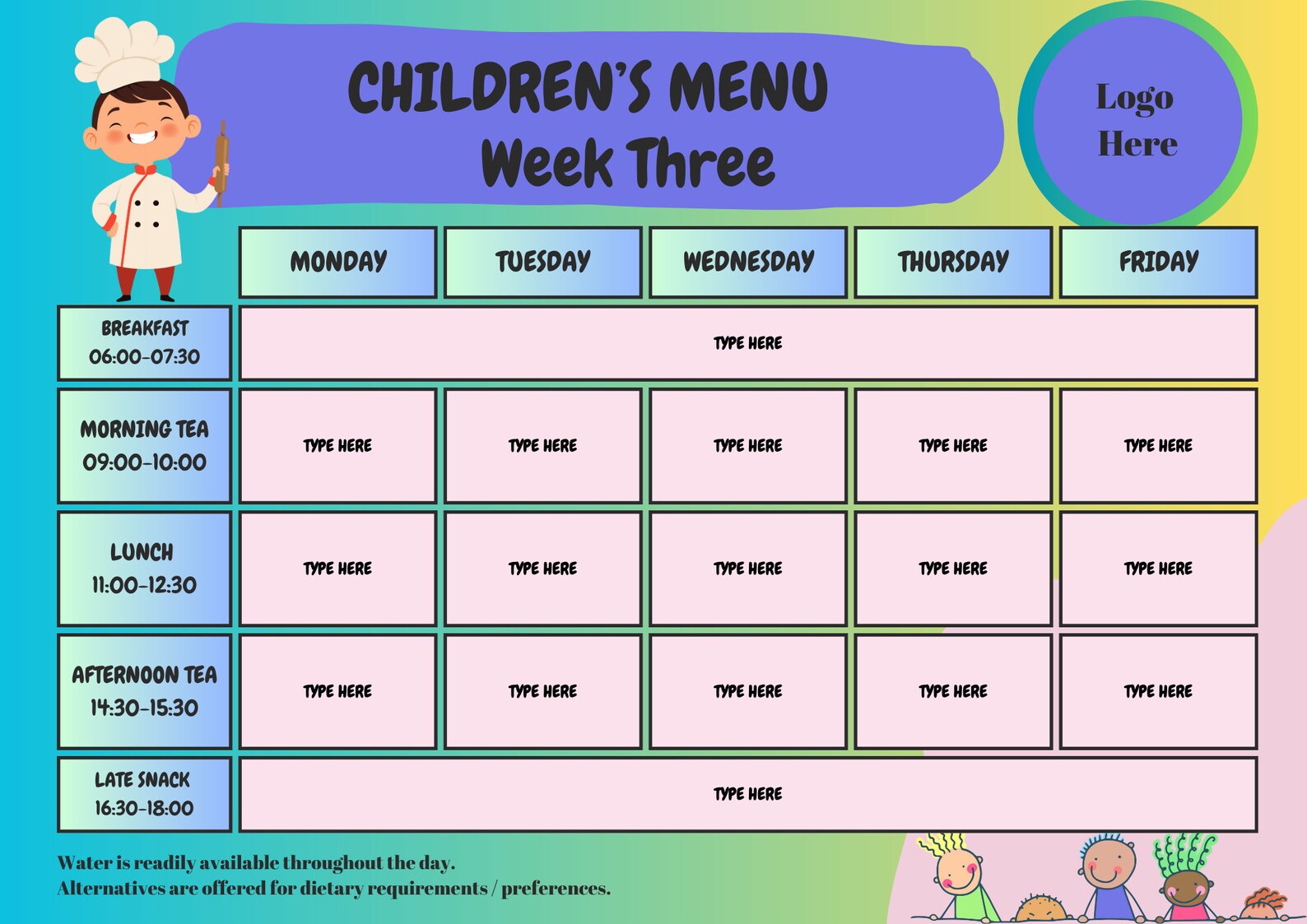Editable Template 4-week Cyclical Menu for Children's Daycare Services ...