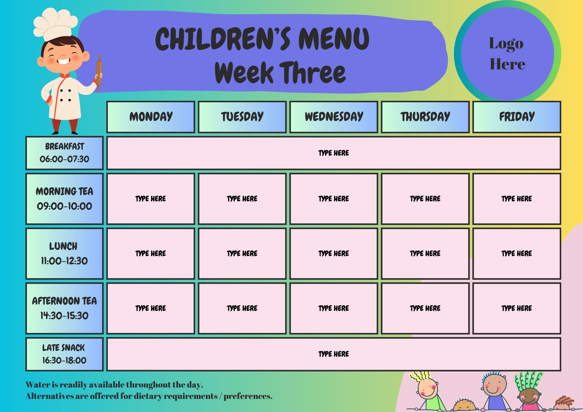 Editable Template 4-week Cyclical Menu for Children's Daycare Services ...