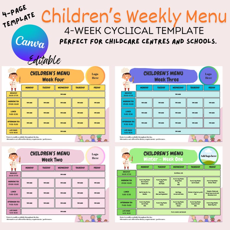 4-week Cyclical Menu for Children's Daycare Services #2 - Editable ...