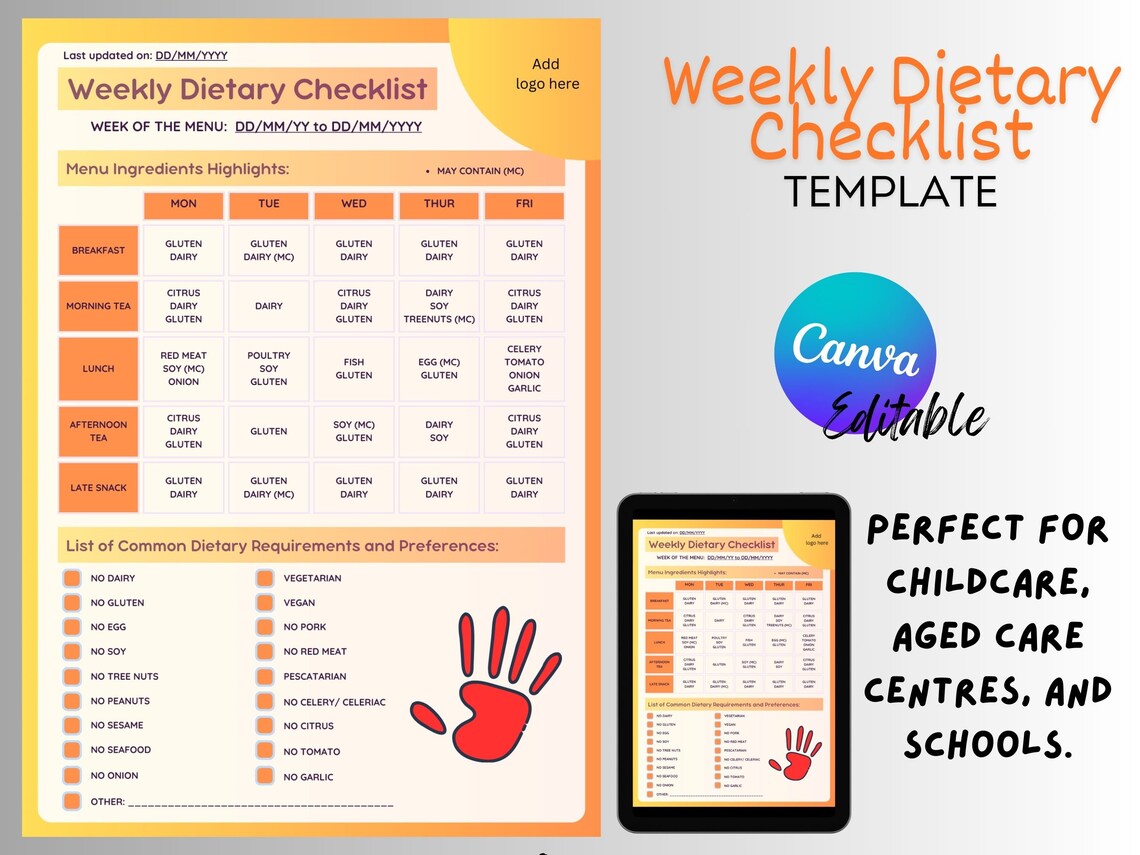 Editable Template - Special Dietary Checklist for Children's Daycare ...
