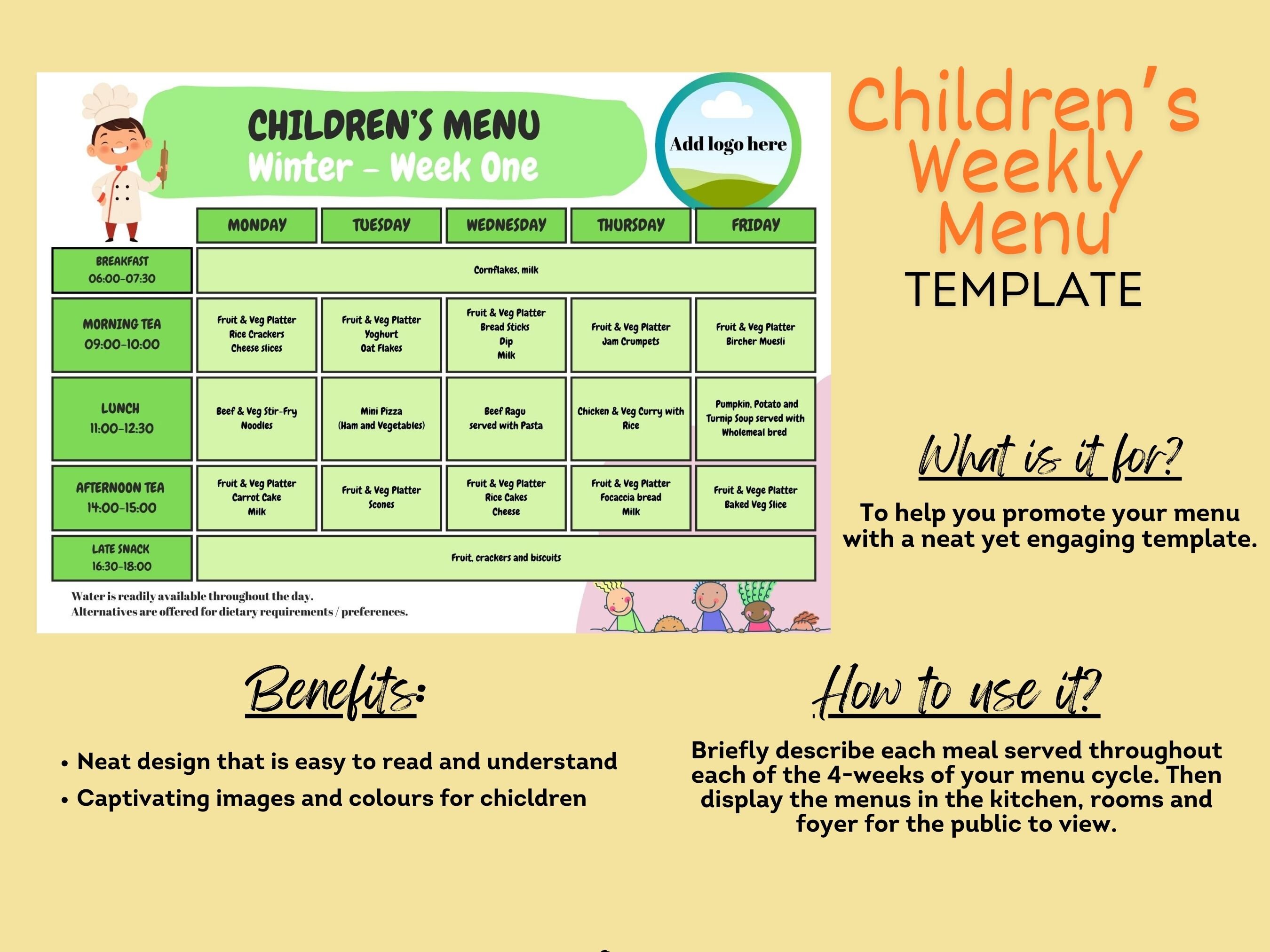 4-week Cyclical Menu for Children's Daycare Services #2 - Editable ...