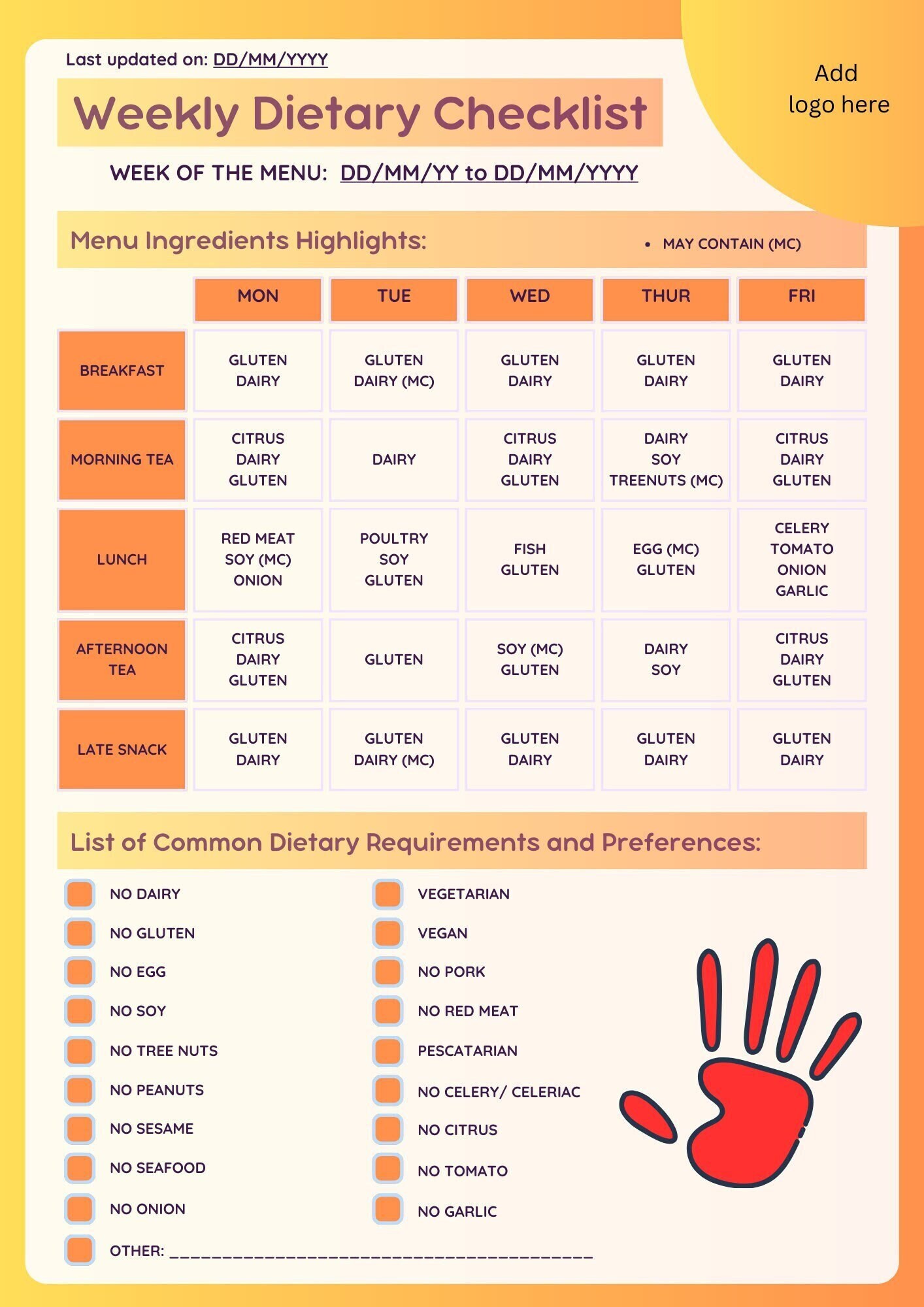Editable Template - Special Dietary Checklist for Children's Daycare ...