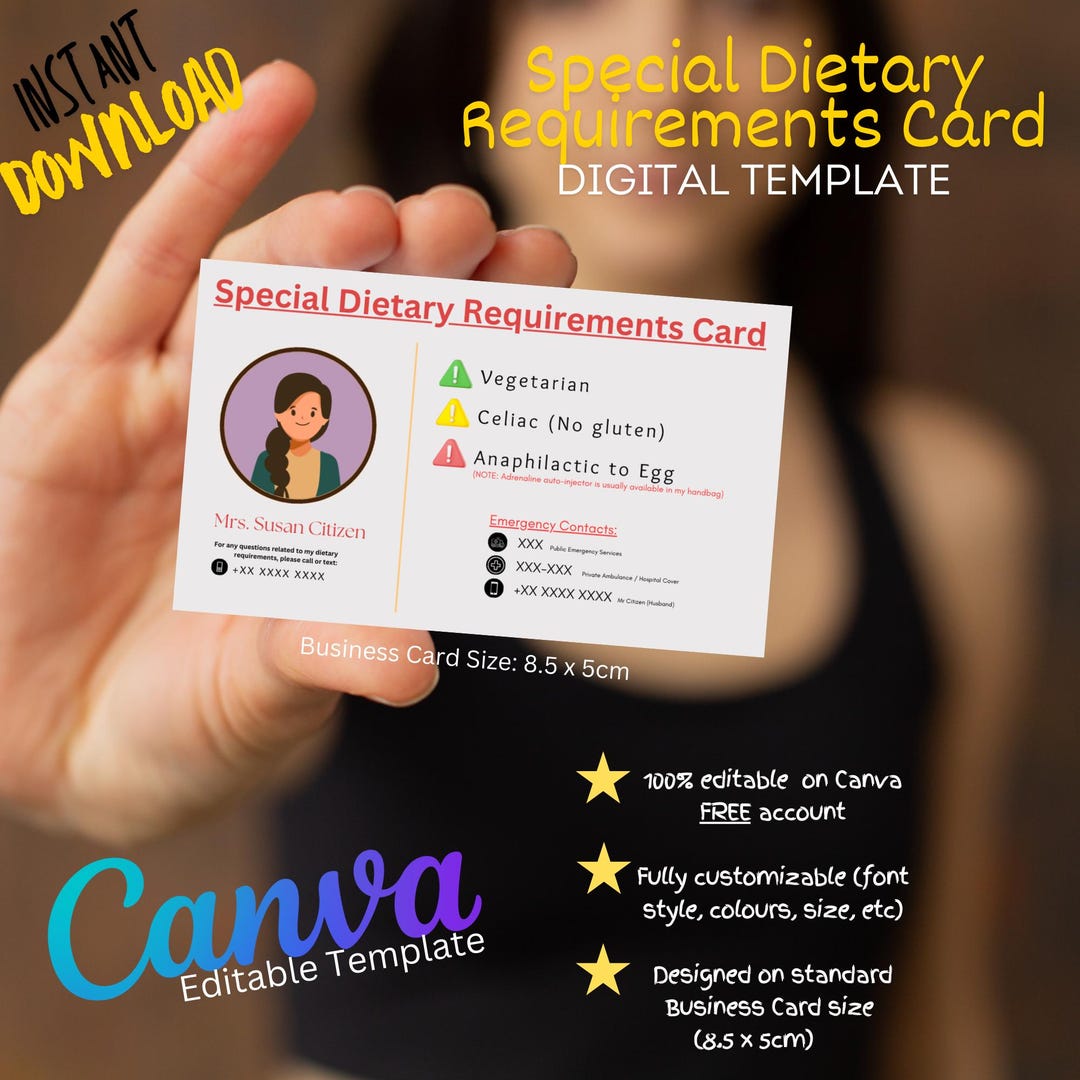 Editable Template Personal Dietary Requirements Card business Card Size ...