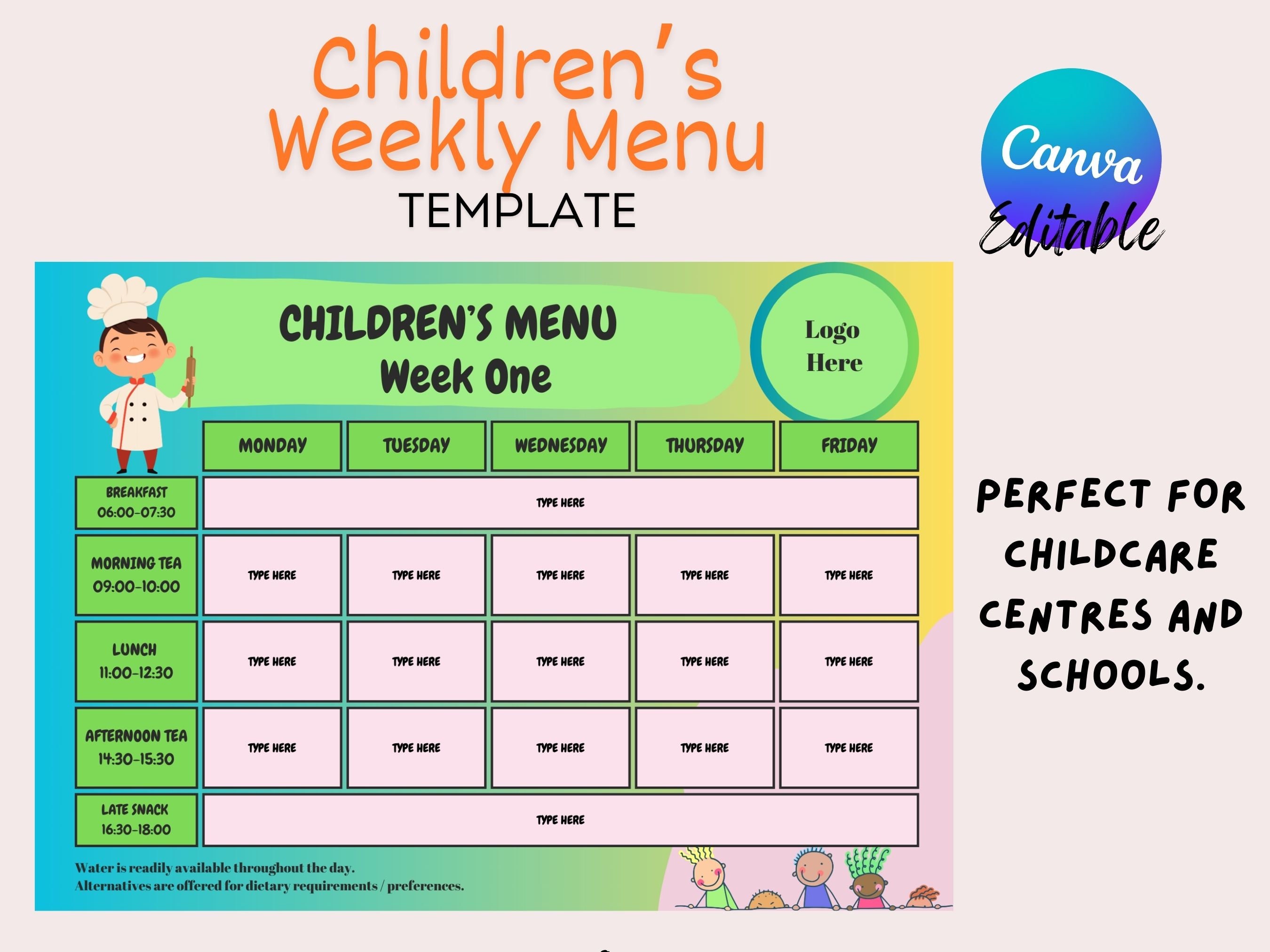 Editable Template 4-week Cyclical Menu for Children's Daycare Services ...