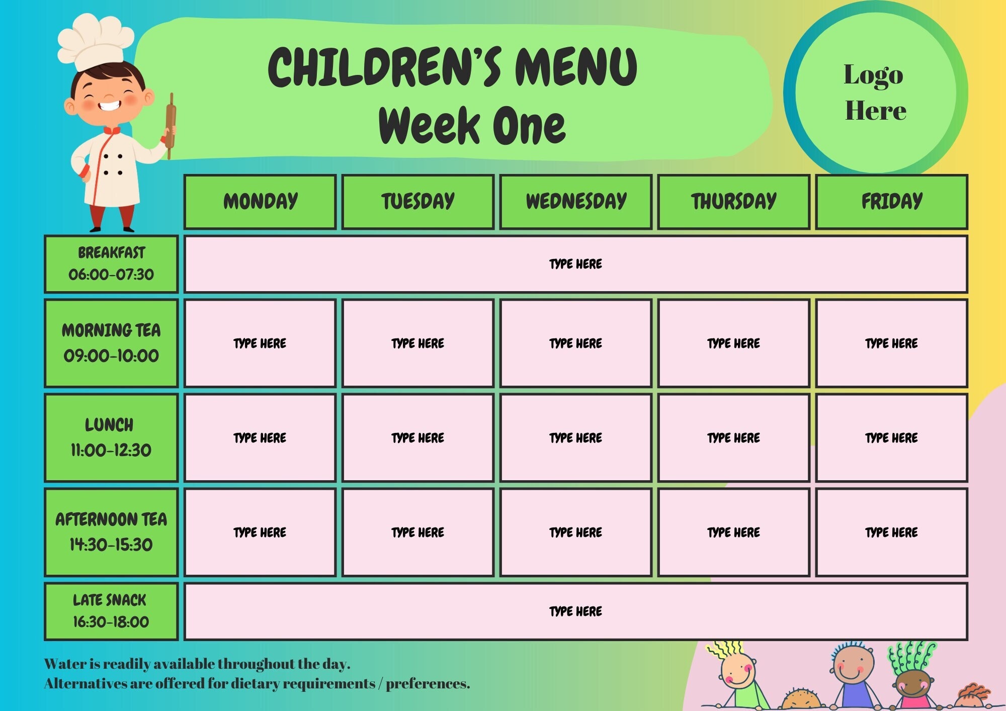 Editable Template 4-week Cyclical Menu for Children's Daycare Services ...