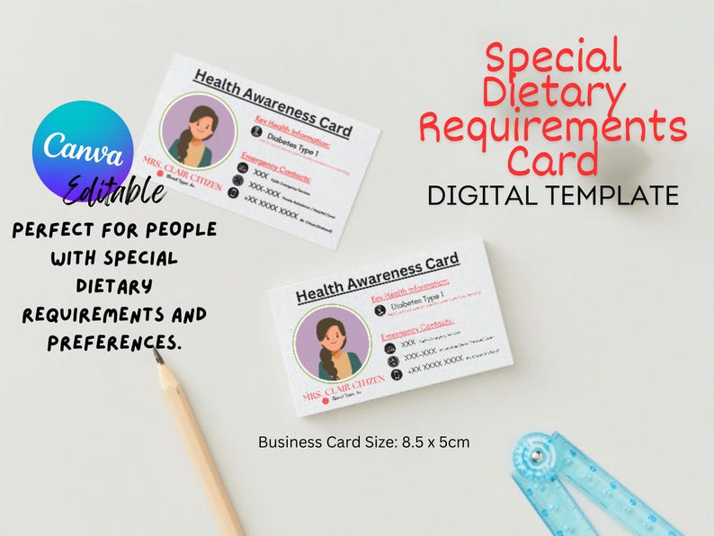 Editable Template Personal Dietary Requirements Card business Card Size ...