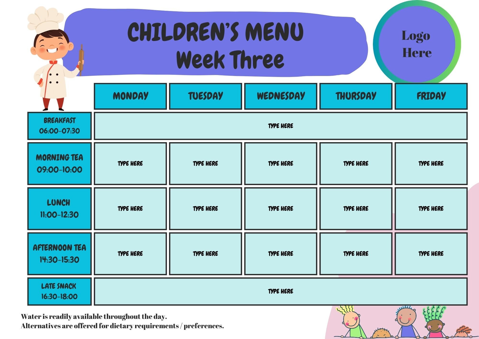 4-week Cyclical Menu for Children's Daycare Services #2 - Editable ...