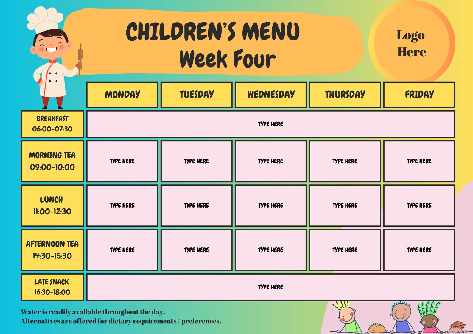 Editable Template 4-week Cyclical Menu for Children's Daycare Services ...