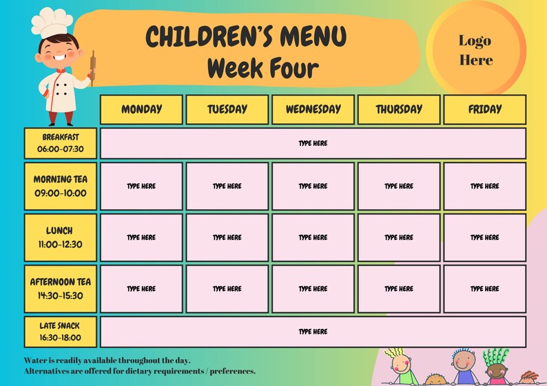 Editable Template 4-week Cyclical Menu for Children's Daycare Services ...