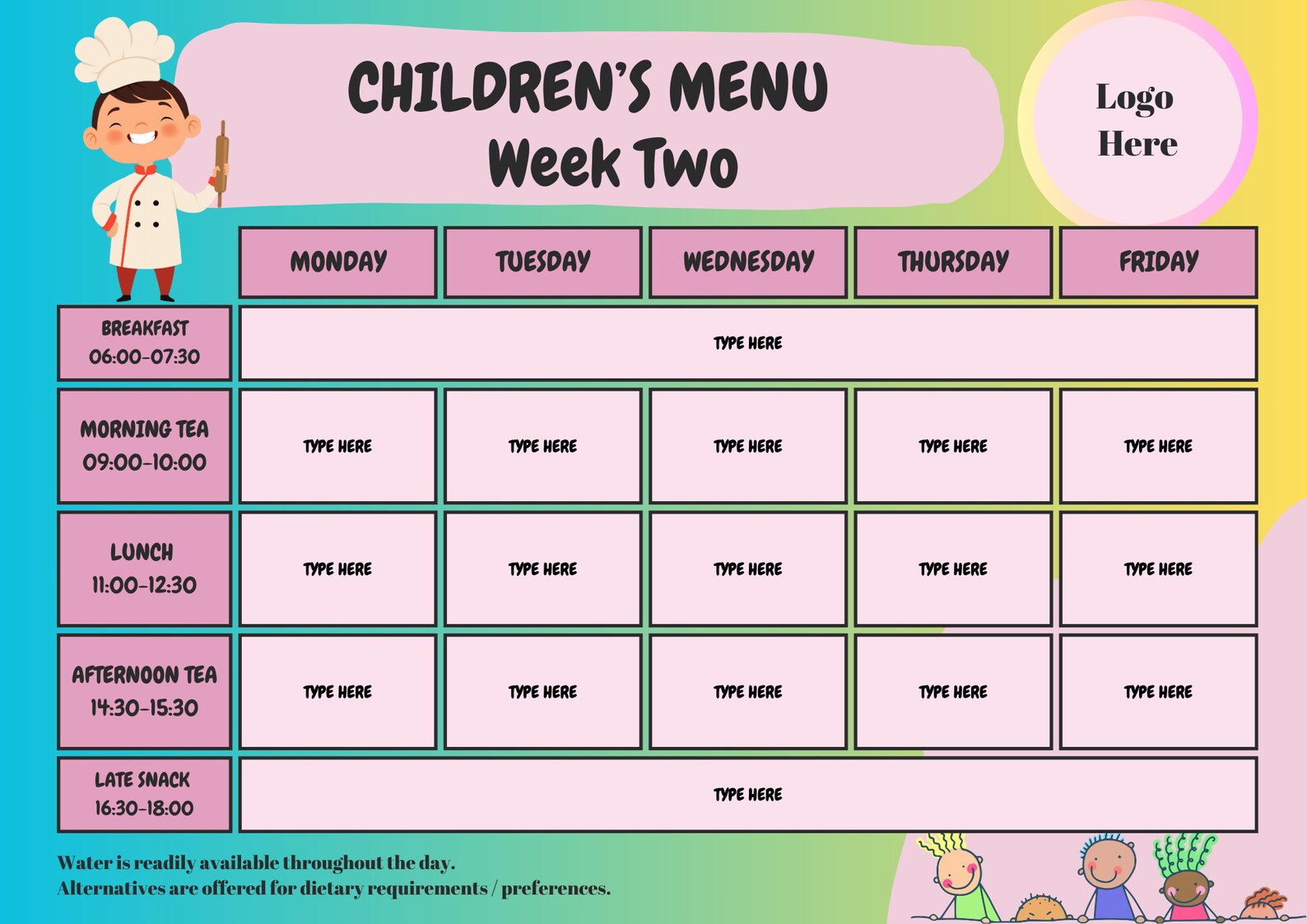 Editable Template 4-week Cyclical Menu for Children's Daycare Services ...