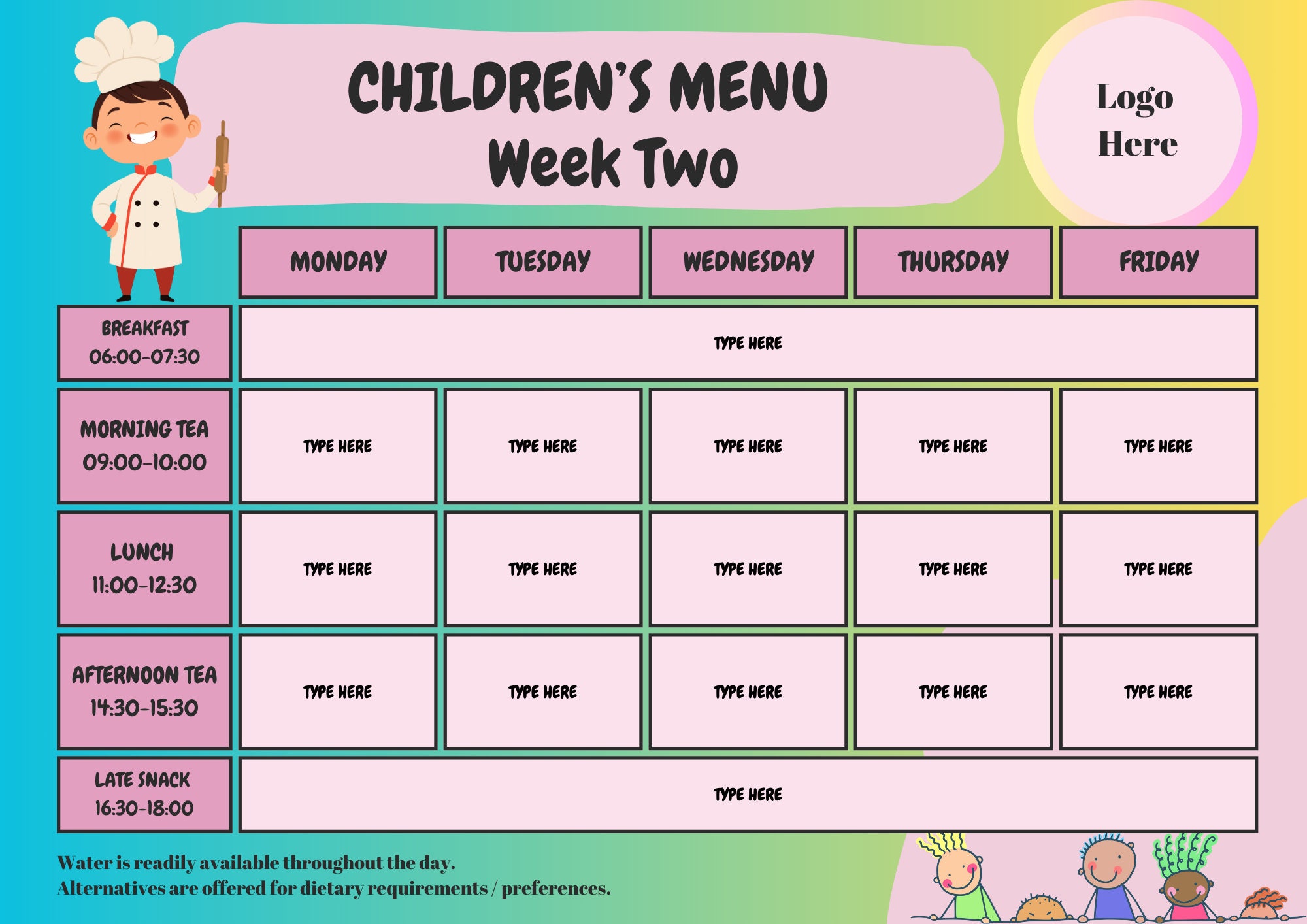 Editable Template 4-week Cyclical Menu for Children's Daycare Services ...