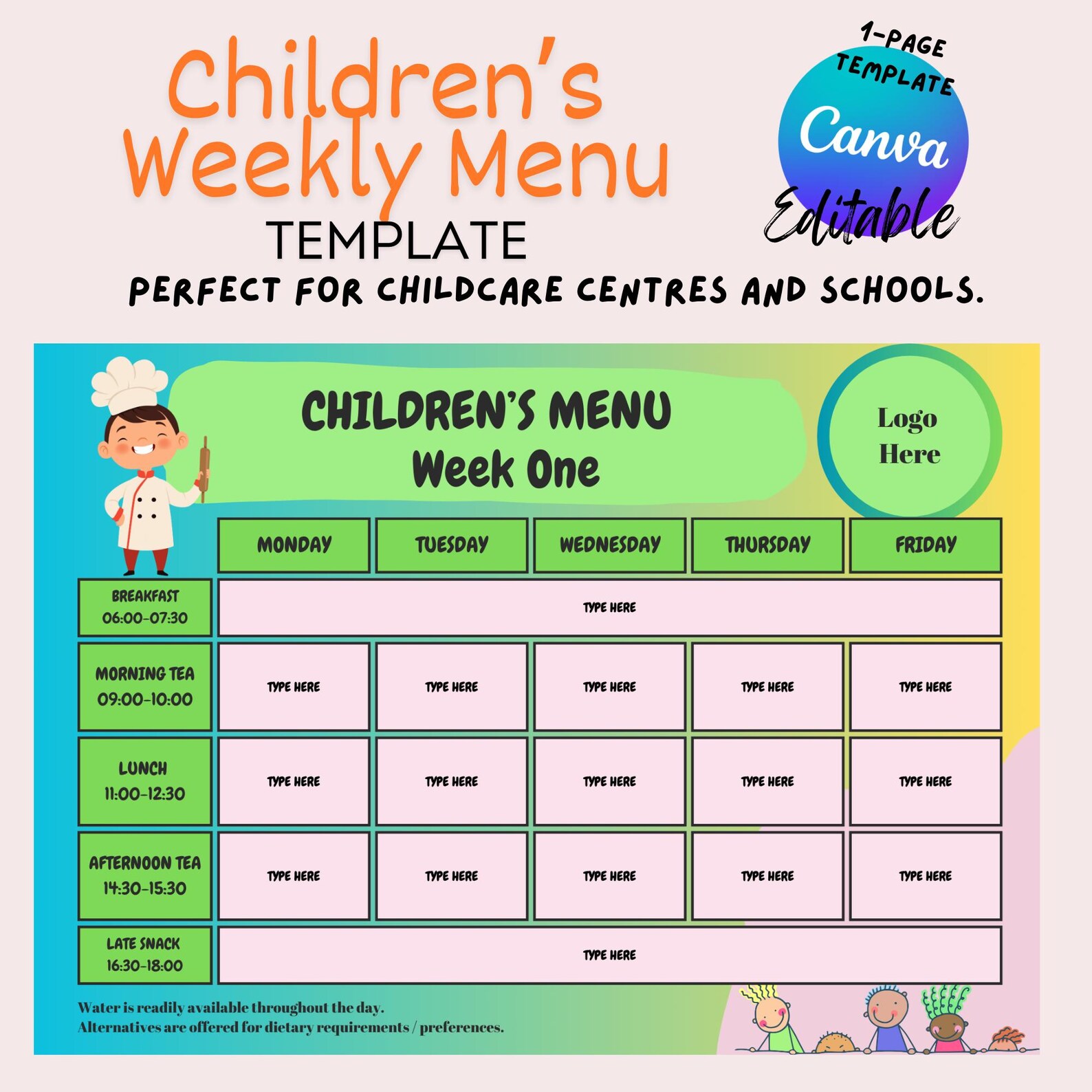 Editable Template 4-week Cyclical Menu for Children's Daycare Services ...