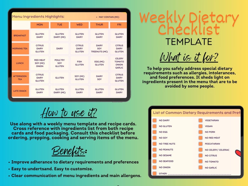 Editable Template - Special Dietary Checklist for Children's Daycare ...