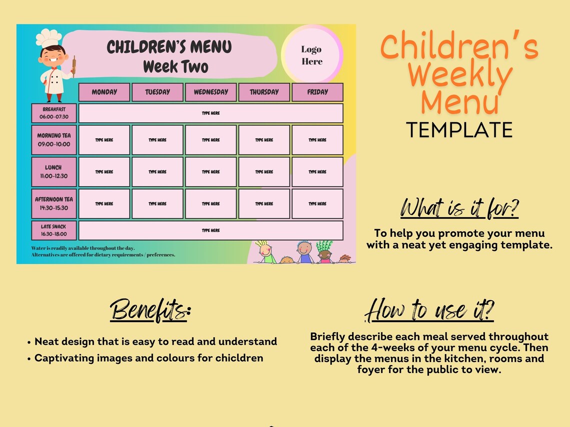 Editable Template 4-week Cyclical Menu for Children's Daycare Services ...