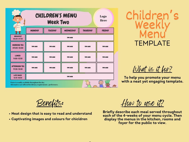 Editable Template 4-week Cyclical Menu for Children's Daycare Services ...