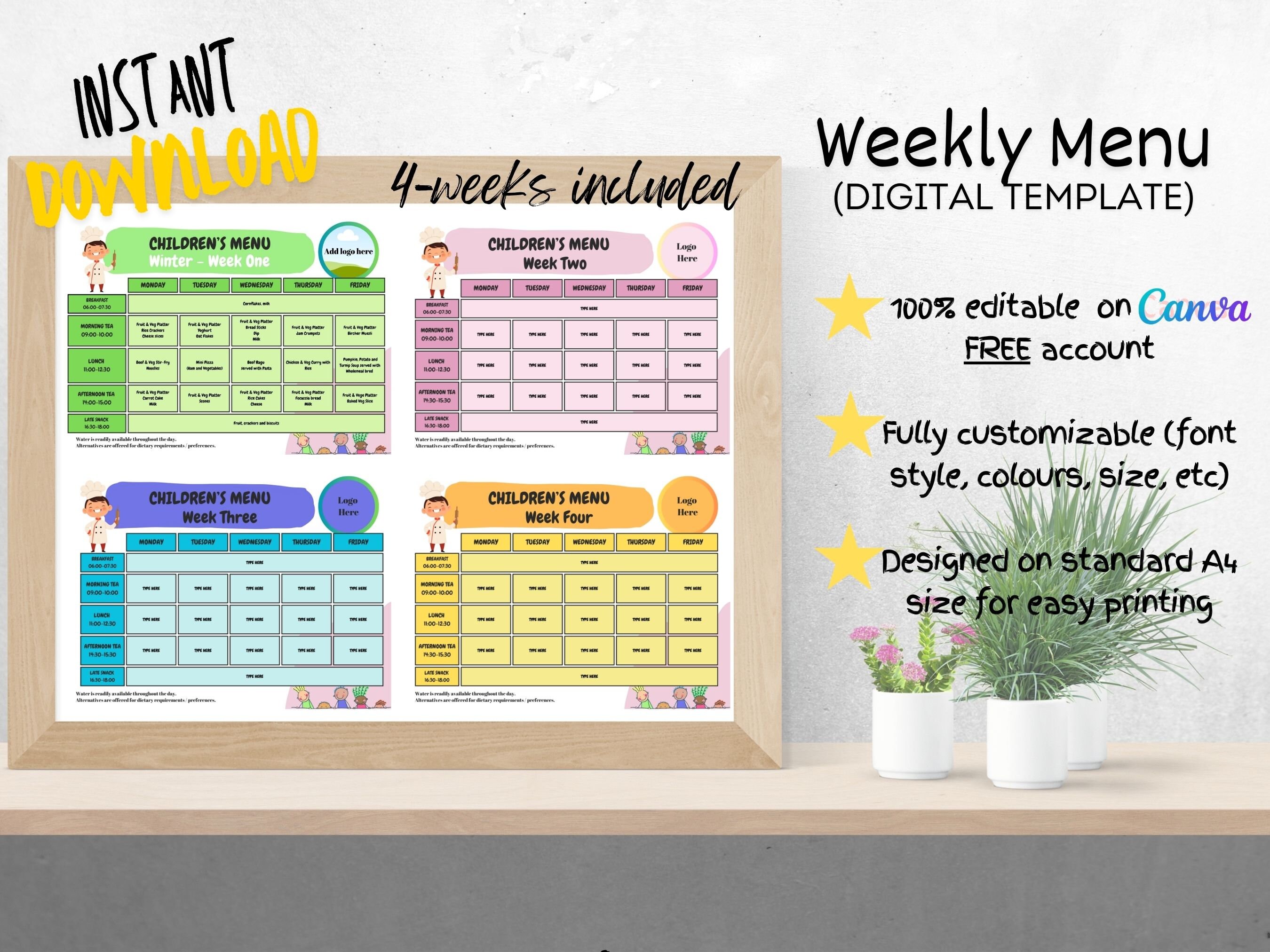 4-week Cyclical Menu for Children's Daycare Services #2 - Editable ...