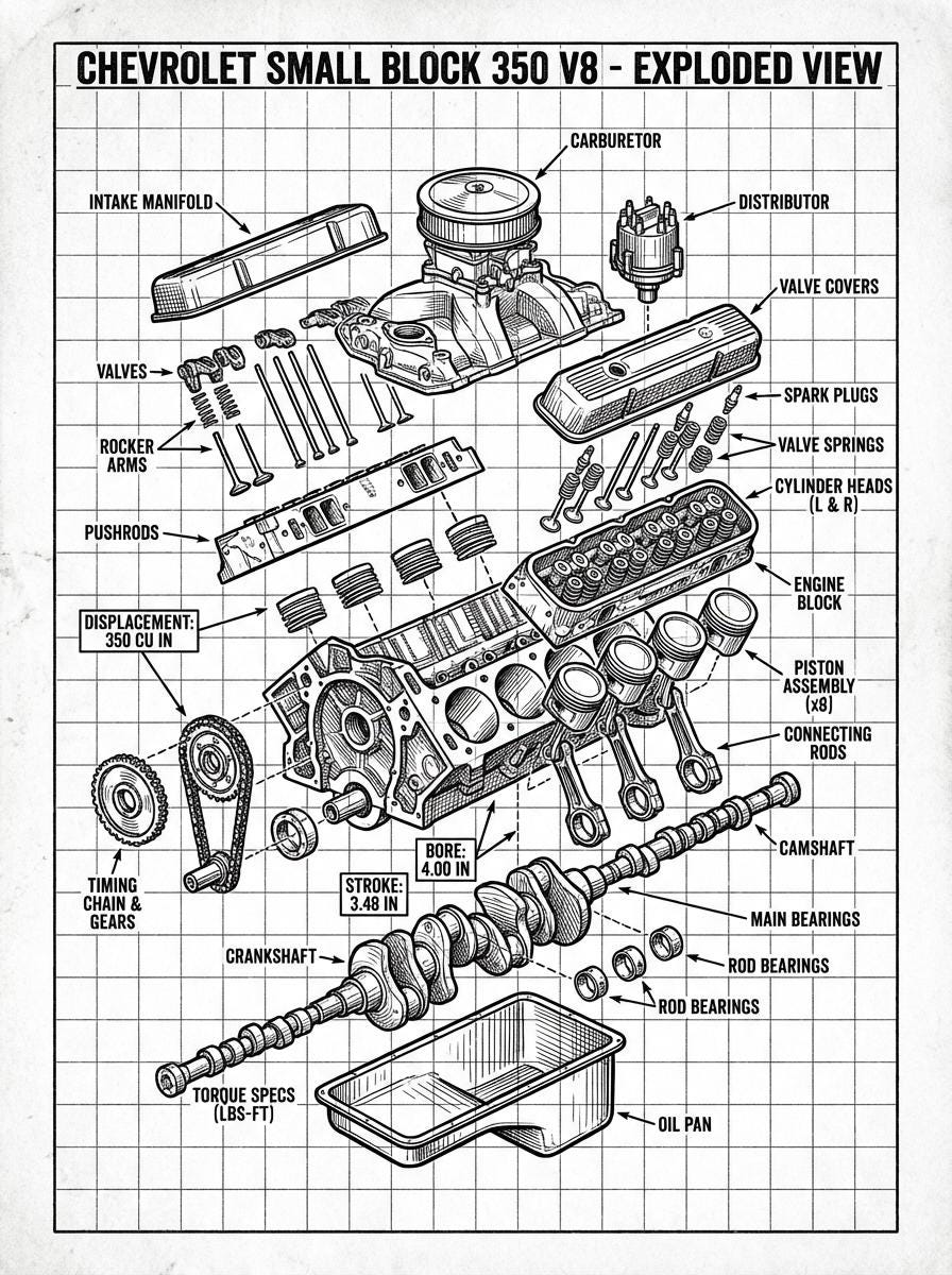 Chevrolet Small Block 350 V8 Engine Blueprint, Exploded Motor Poster ...